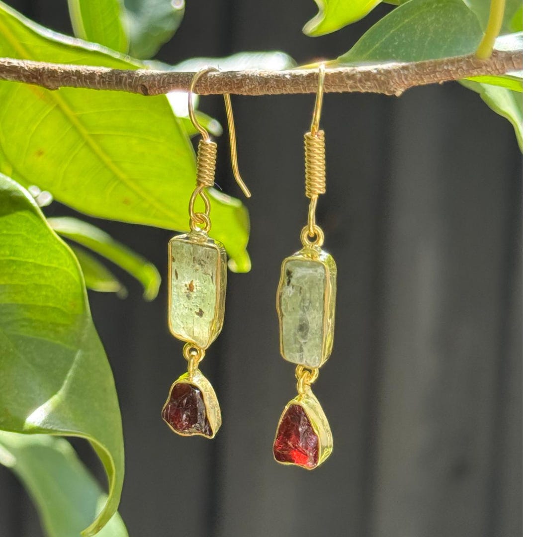 Gold Green Kyanite and Red Garnet Drop Earrings – Natural Raw Crystal ...