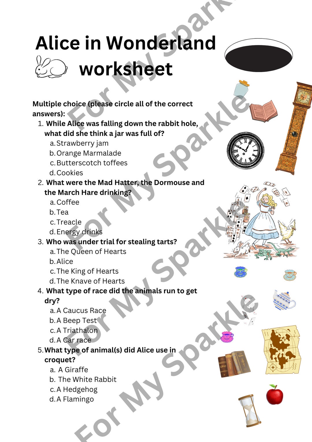 Alice in Wonderland Analysis Worksheet, Ages 7 12, Primary School - Etsy