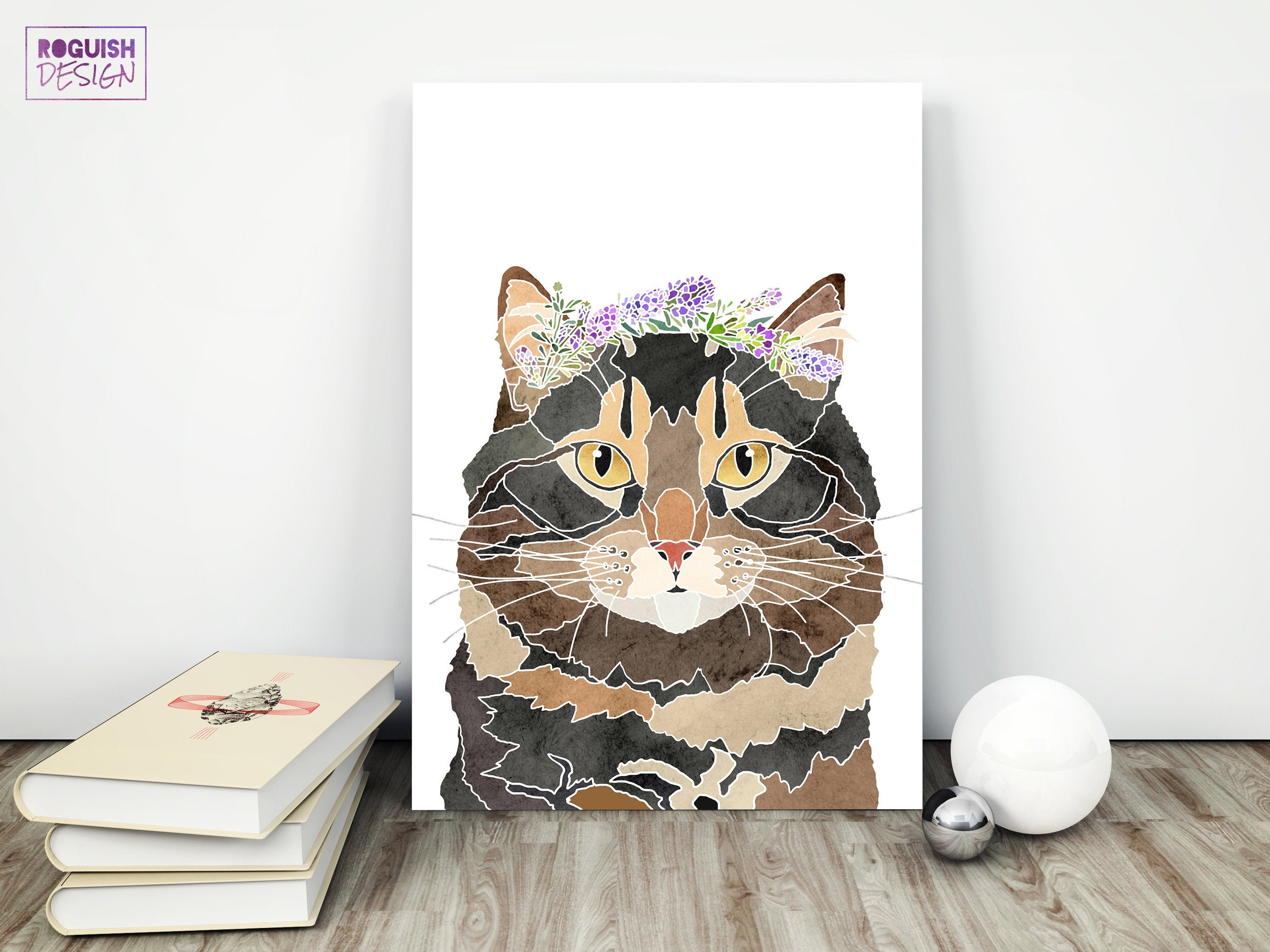 Tabby Cat Pet Portrait Flower Crown Watercolor Wall Art Poster - Etsy