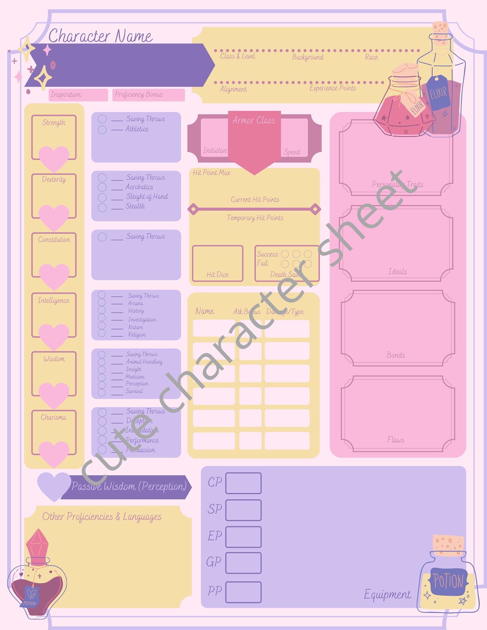 Cute Dungeons & Dragons 5e Character Sheet Downloadable - Etsy