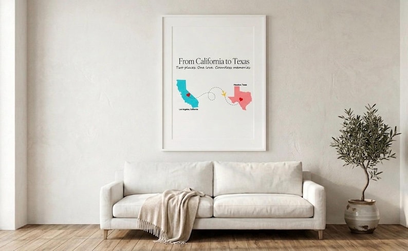 Texas to Arizona Map Print | Long Distance Couples Wall Art (digital ...