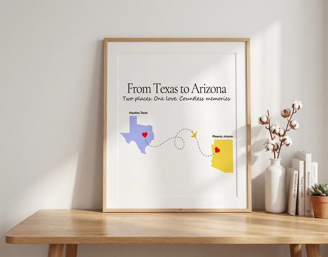 Texas to Arizona Map Print | Long Distance Couples Wall Art (digital ...