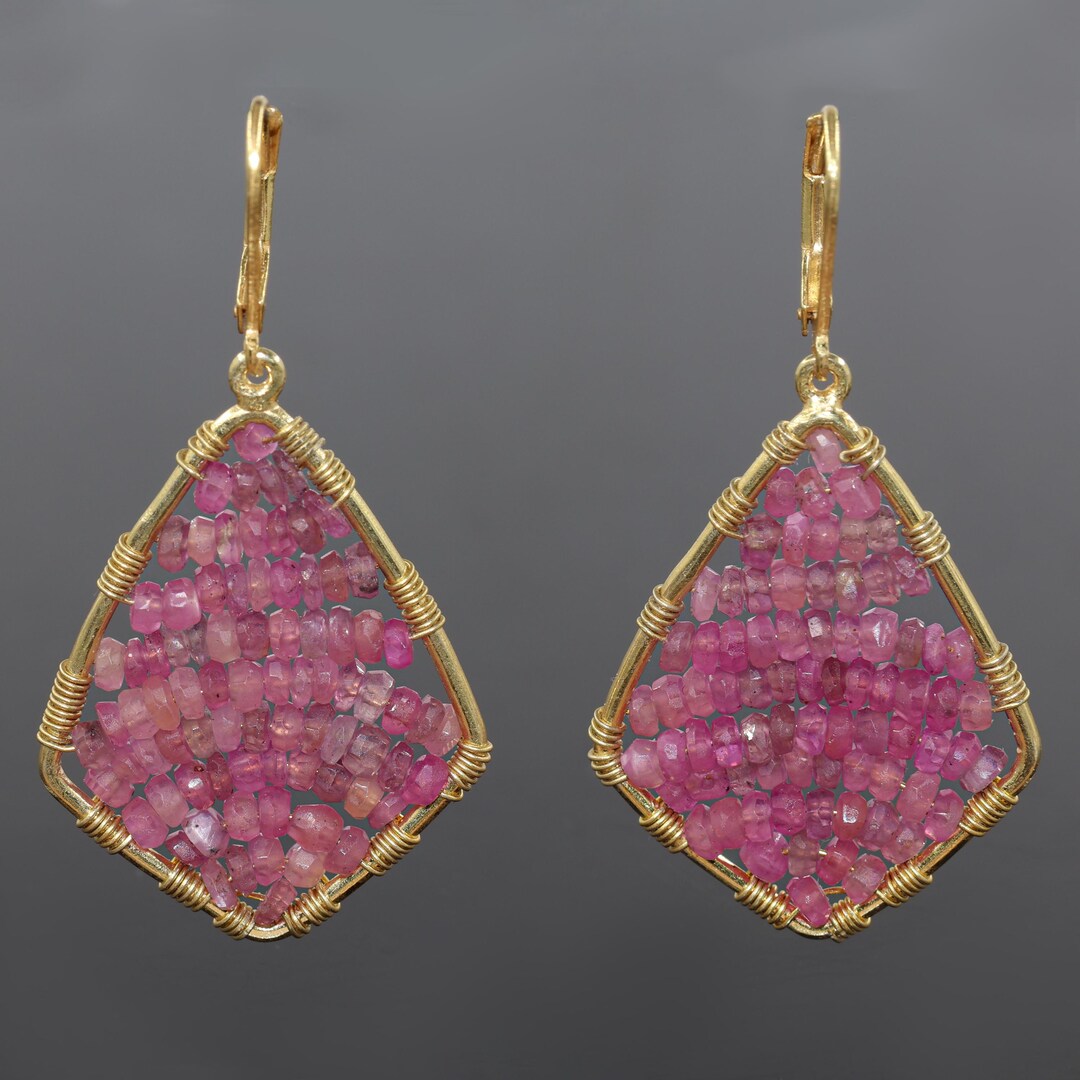 Genuine Pink Ruby Gemstone Beads Earrings, Gold Wire Wrapped Ruby Bead ...