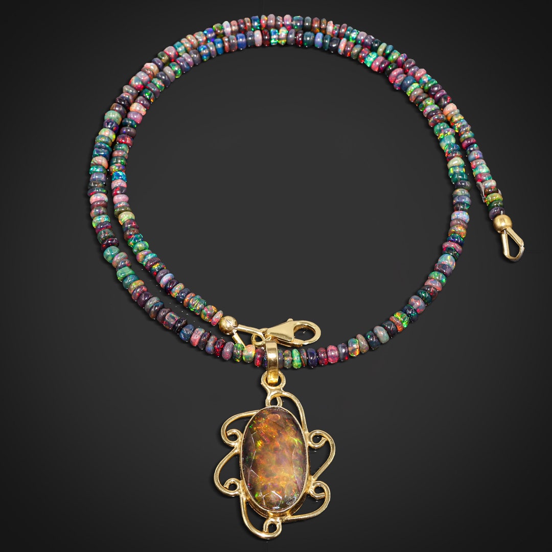 Genuine Fire Opal Pendant, Black Fire Opal Beaded Necklace for Women ...