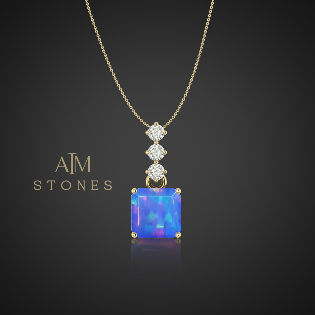 Natural Multi Fire Opal Pendant Necklace, Square Blue Opal Pendant ...