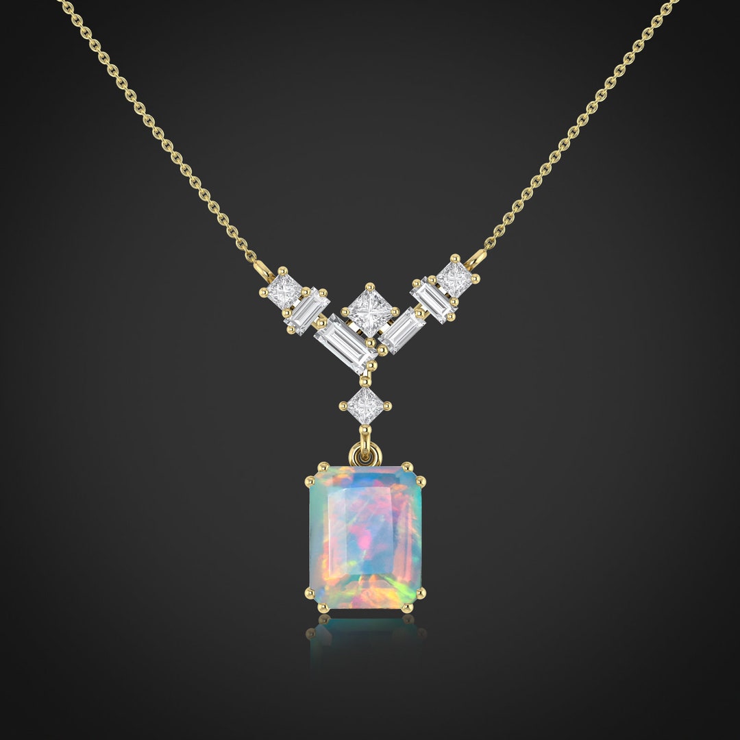 Multi Fire Opal Pendant Necklace, Octagon Opal Pendant Necklace, Opal ...