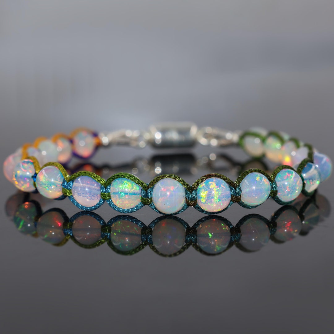 Natural Round Multi Fire Ethiopian Opal Smooth Beads Bracelet, Multi ...