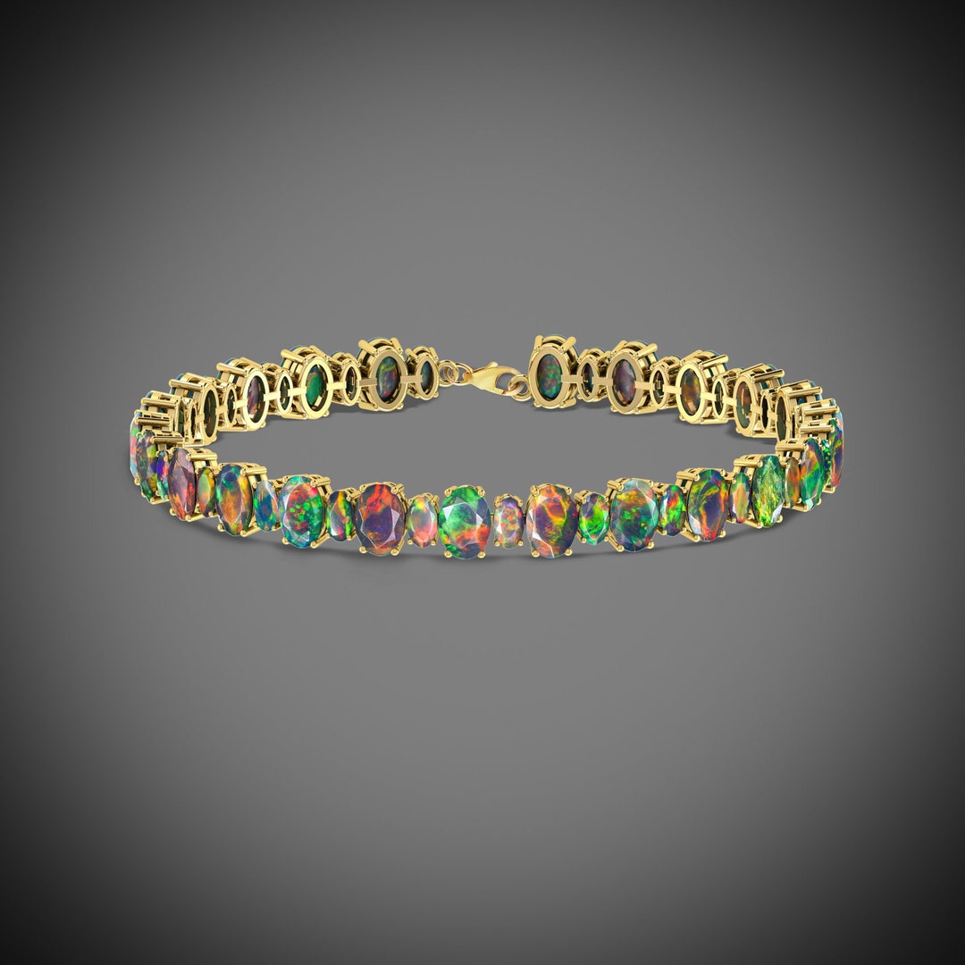 Natural Black Multi Fire Opal Tennis Bracelet, October Birthstone Opal Jewelry, AAA Ethiopian ...