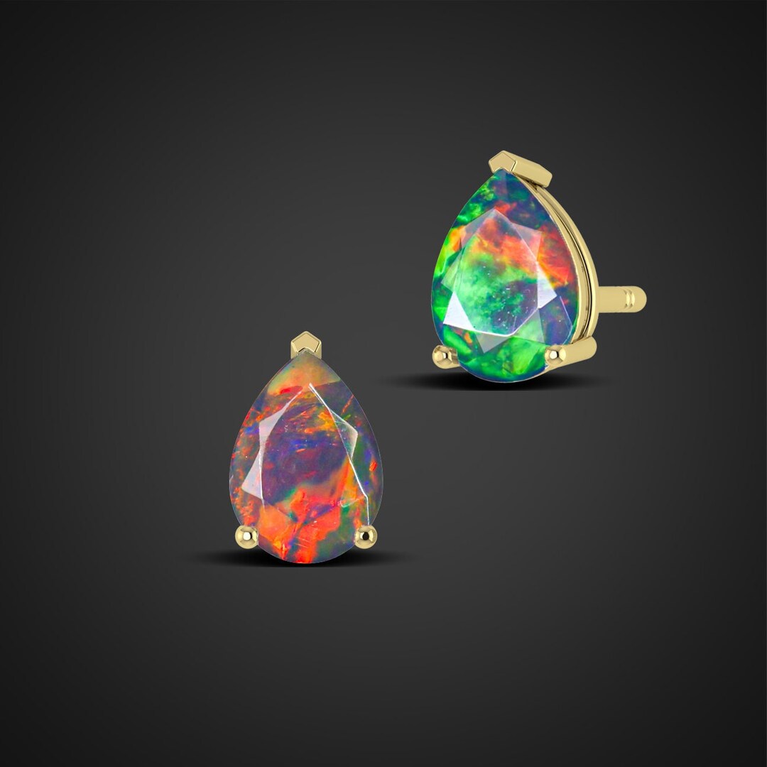 Natural Black Multi Fire Opal Stud Earrings, Pear Opal Earrings ...