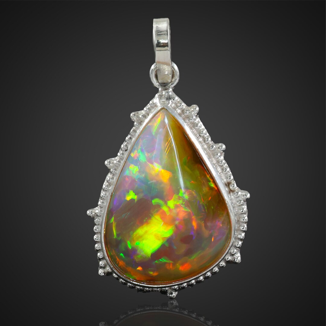 Natural Ethiopian Opal Pendant, Opal Pear Pendant Necklace, Multi Fire ...