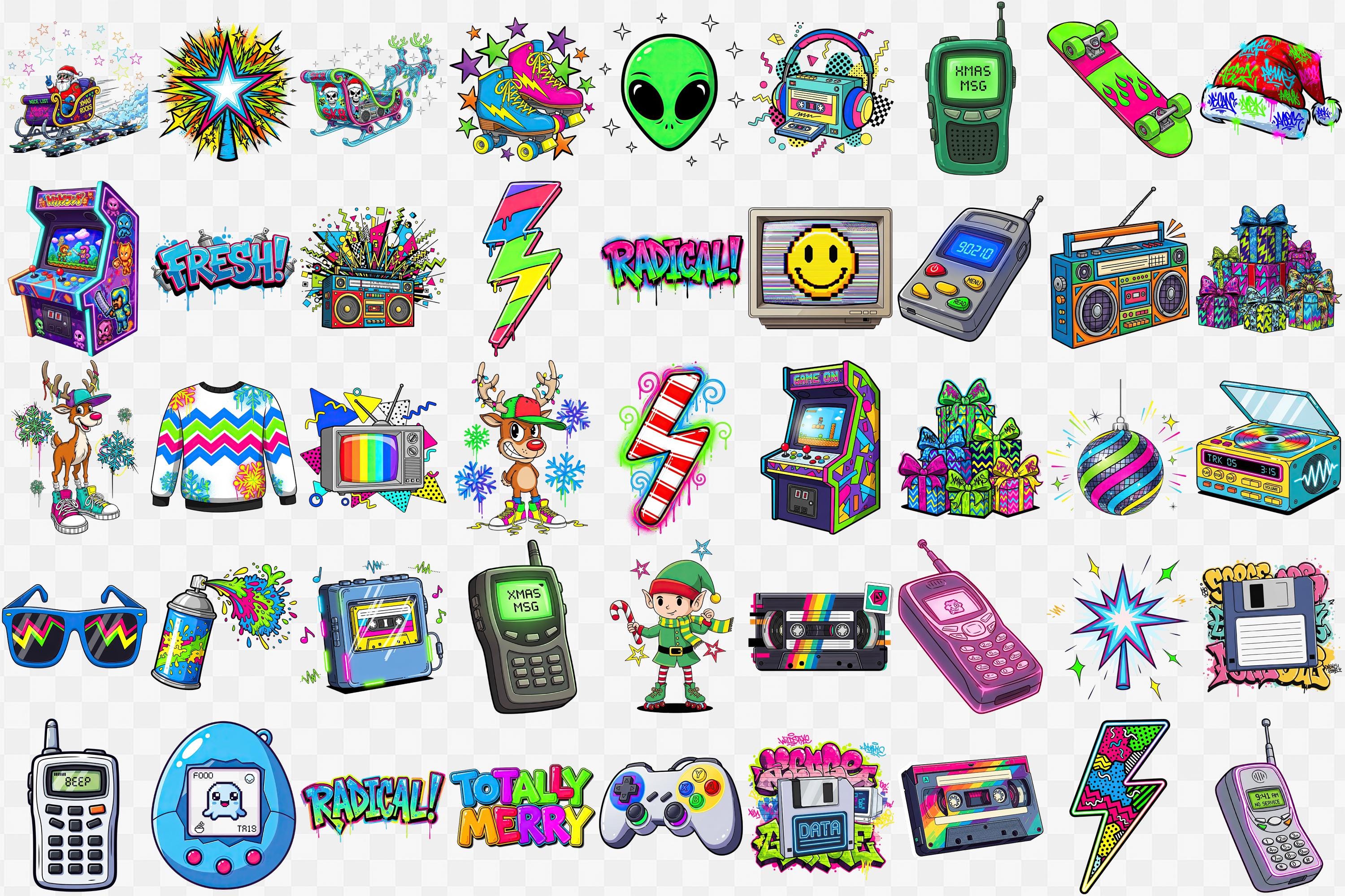 Retro 1990s Christmas Sublimation Clipart Bundle | 90 Vibrant PNG ...