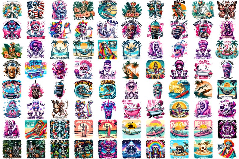 Skeleton Sublimation Bundle | 81 PNG Funny Beach Goth Summer Designs ...