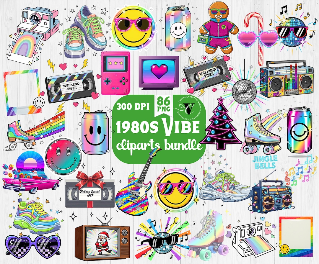 Retro 1980s Christmas Clipart Bundle | Neon Vaporwave PNG Set | Vintage ...