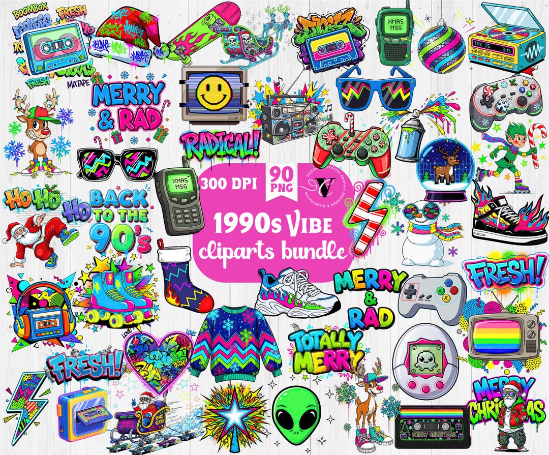 Retro 1990s Christmas Sublimation Clipart Bundle | 90 Vibrant PNG ...