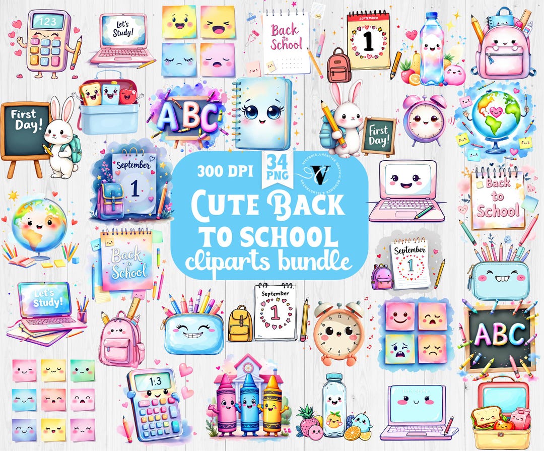 Cute Back to School Clipart Bundle | 34 PNG Kawaii School Supplies ...