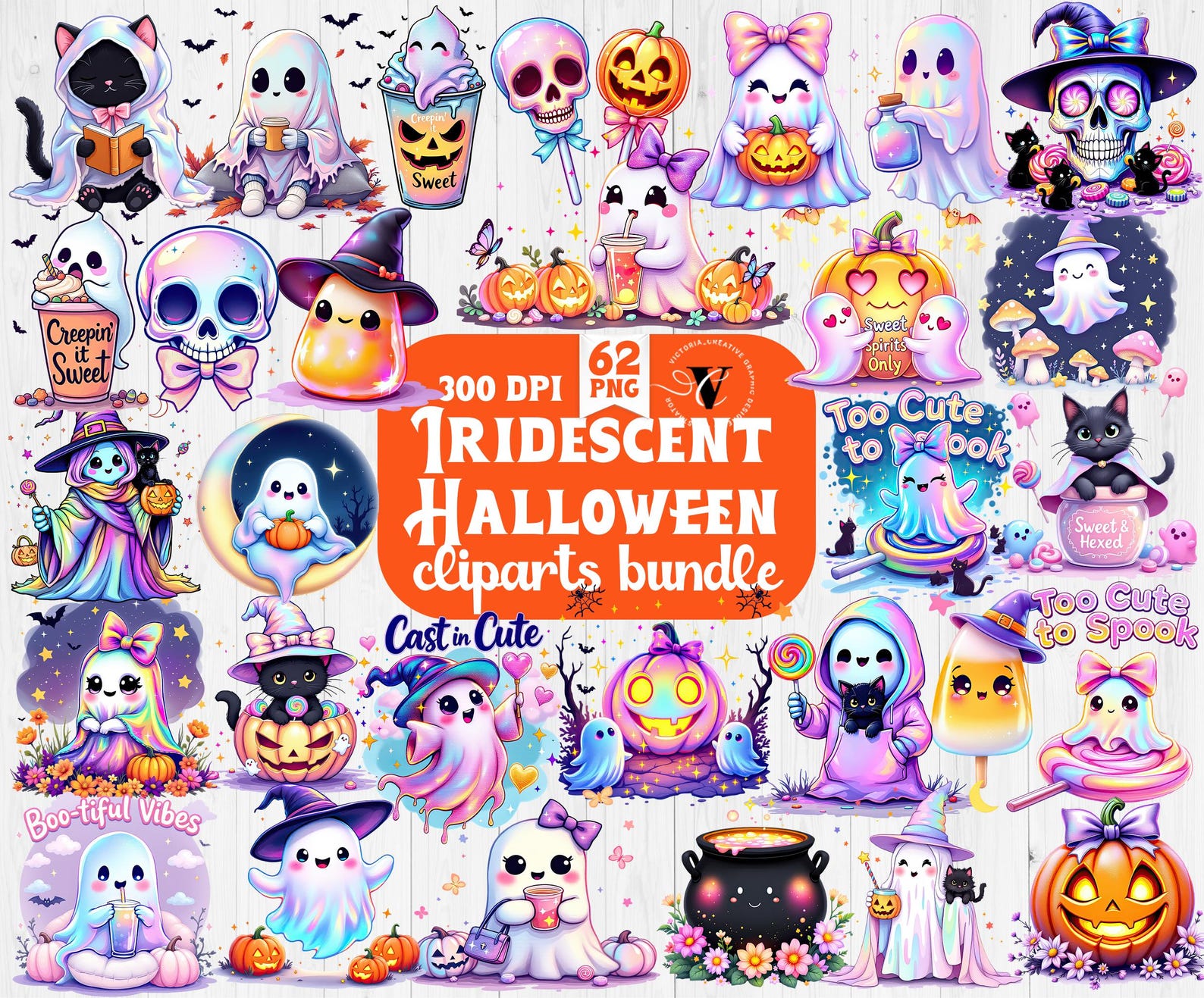 Iridescent Halloween Clipart Bundle | 62 PNG Files | Pastel Goth Ghosts ...