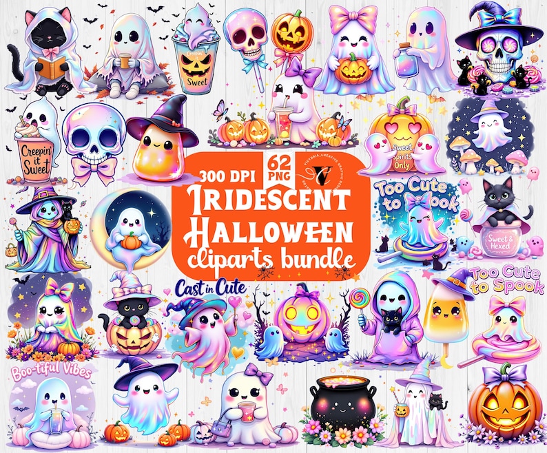 Iridescent Halloween Clipart Bundle | 62 PNG Files | Pastel Goth Ghosts ...