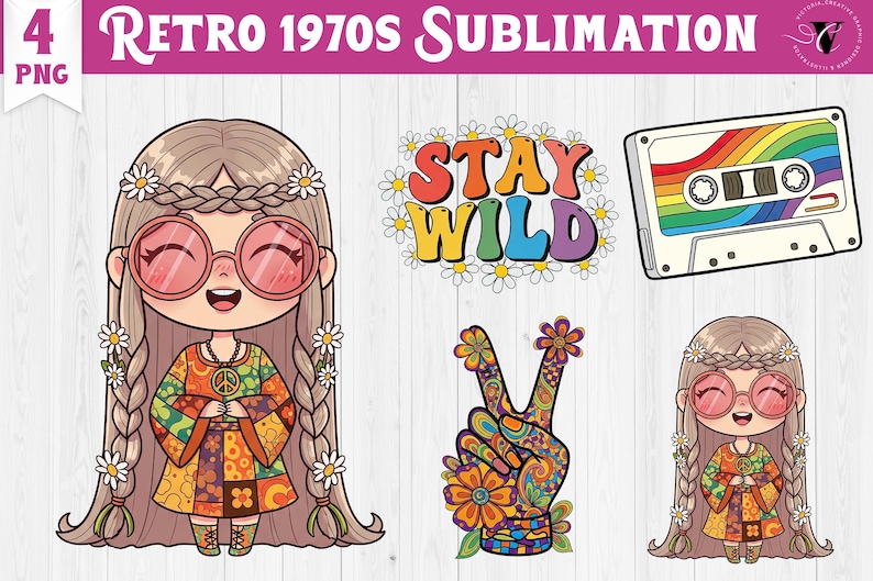 1970s Vibe Clipart Bundle | 65 PNG Retro Hippie & Disco Graphics | 300 ...