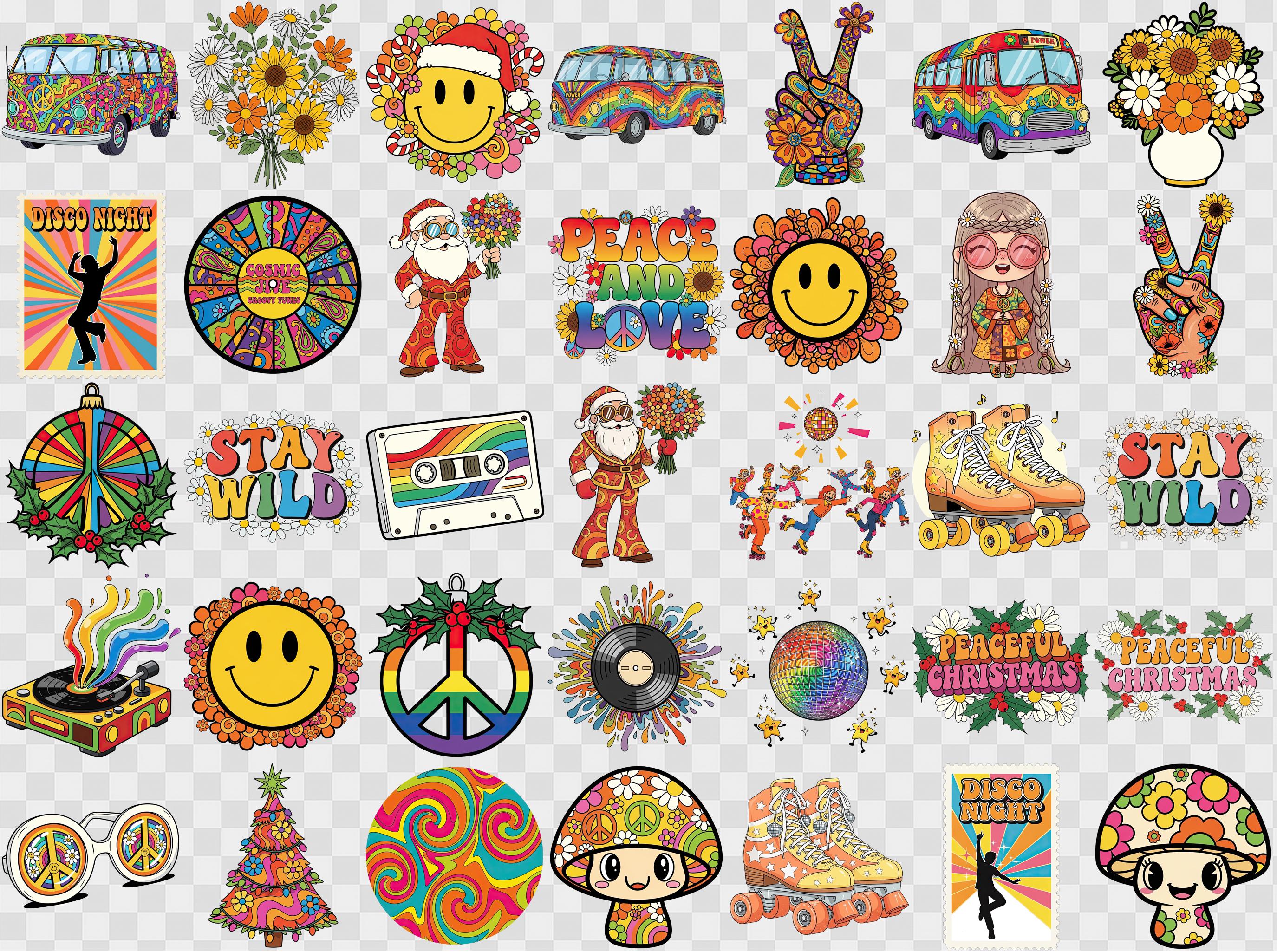 1970s Vibe Clipart Bundle | 65 PNG Retro Hippie & Disco Graphics | 300 ...