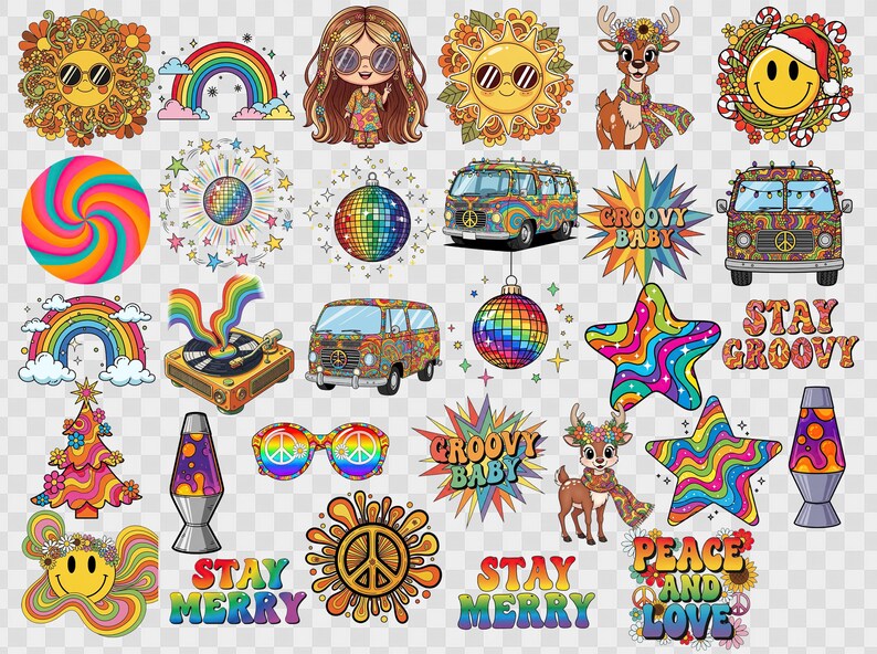 1970s Vibe Clipart Bundle | 65 PNG Retro Hippie & Disco Graphics | 300 ...