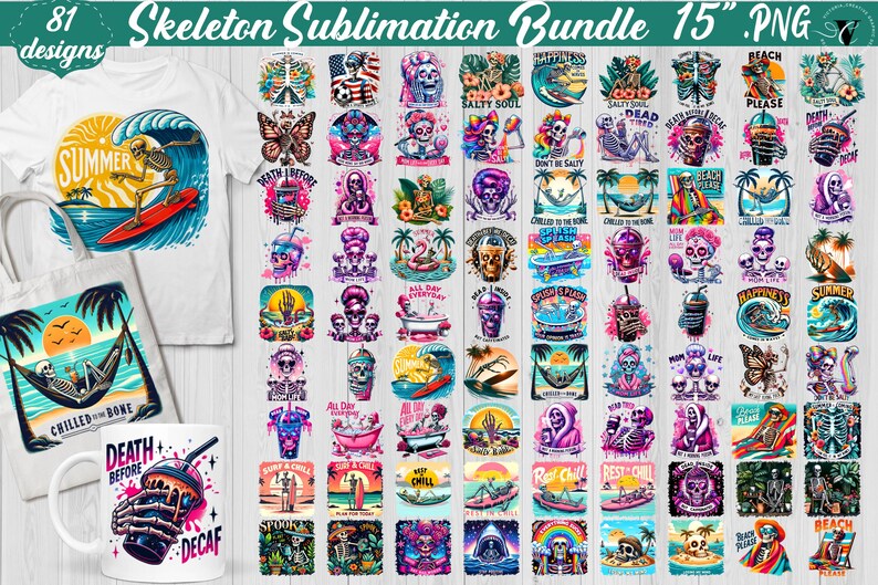 Skeleton Sublimation Bundle | 81 PNG Funny Beach Goth Summer Designs ...