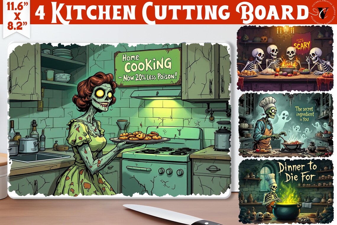 Halloween Skeleton Kitchen Cutting Board Bundle, 25 PNG Zombie Chef ...