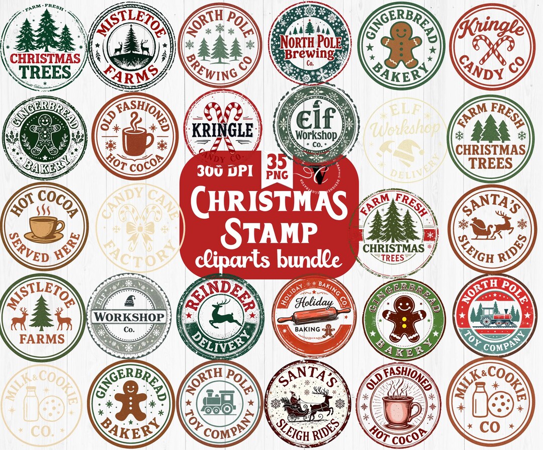 Christmas Stamp Clipart Bundle | 35 PNG Retro Holiday Stamps | Vintage ...