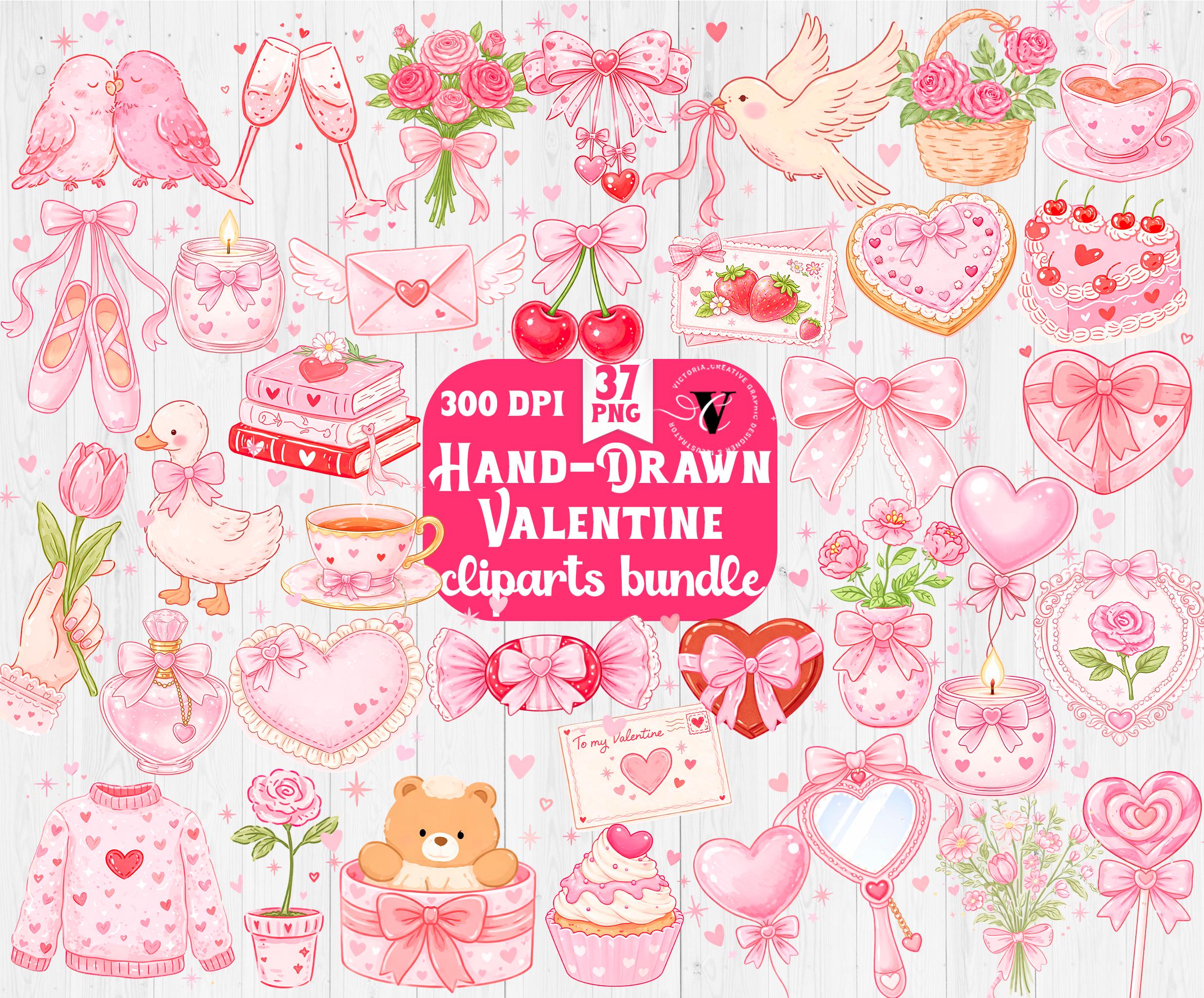 Hand Drawn Valentine Clipart Bundle | 37 Cute Pink Valentine Pngs ...