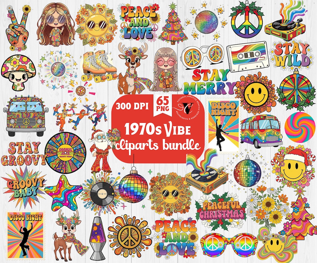 1970s Vibe Clipart Bundle | 65 PNG Retro Hippie & Disco Graphics | 300 ...