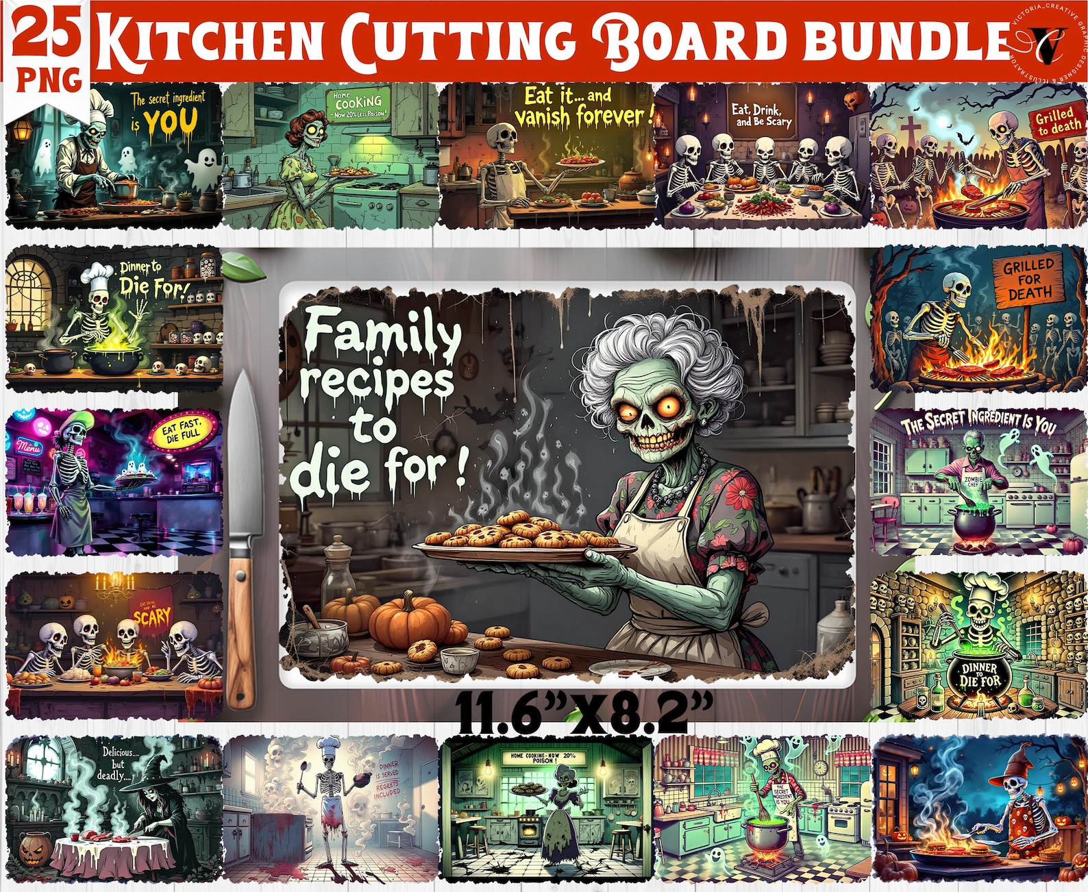 Halloween Skeleton Kitchen Cutting Board Bundle, 25 PNG Zombie Chef ...