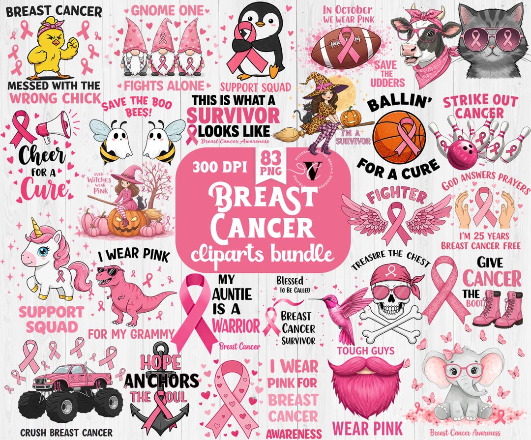 Breast Cancer Awareness Clipart Bundle | 83 PNG Pink Ribbon Designs ...