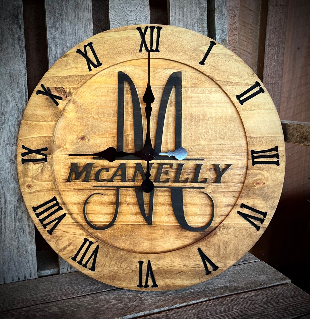 Wood Carved Monogram Clock Sign Personalized - Etsy