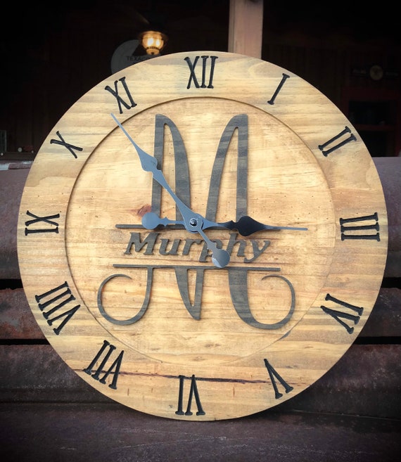 Wood Carved Monogram Clock Sign Personalized - Etsy
