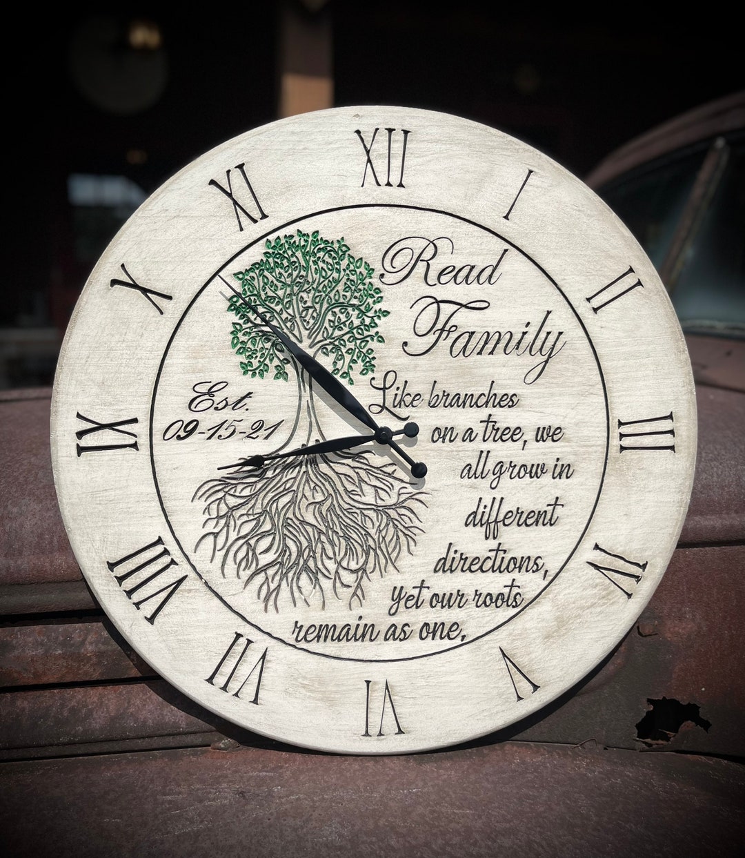 Family Roots Tree Clock Personalized Date Wood Carved Clock 24” Custom ...