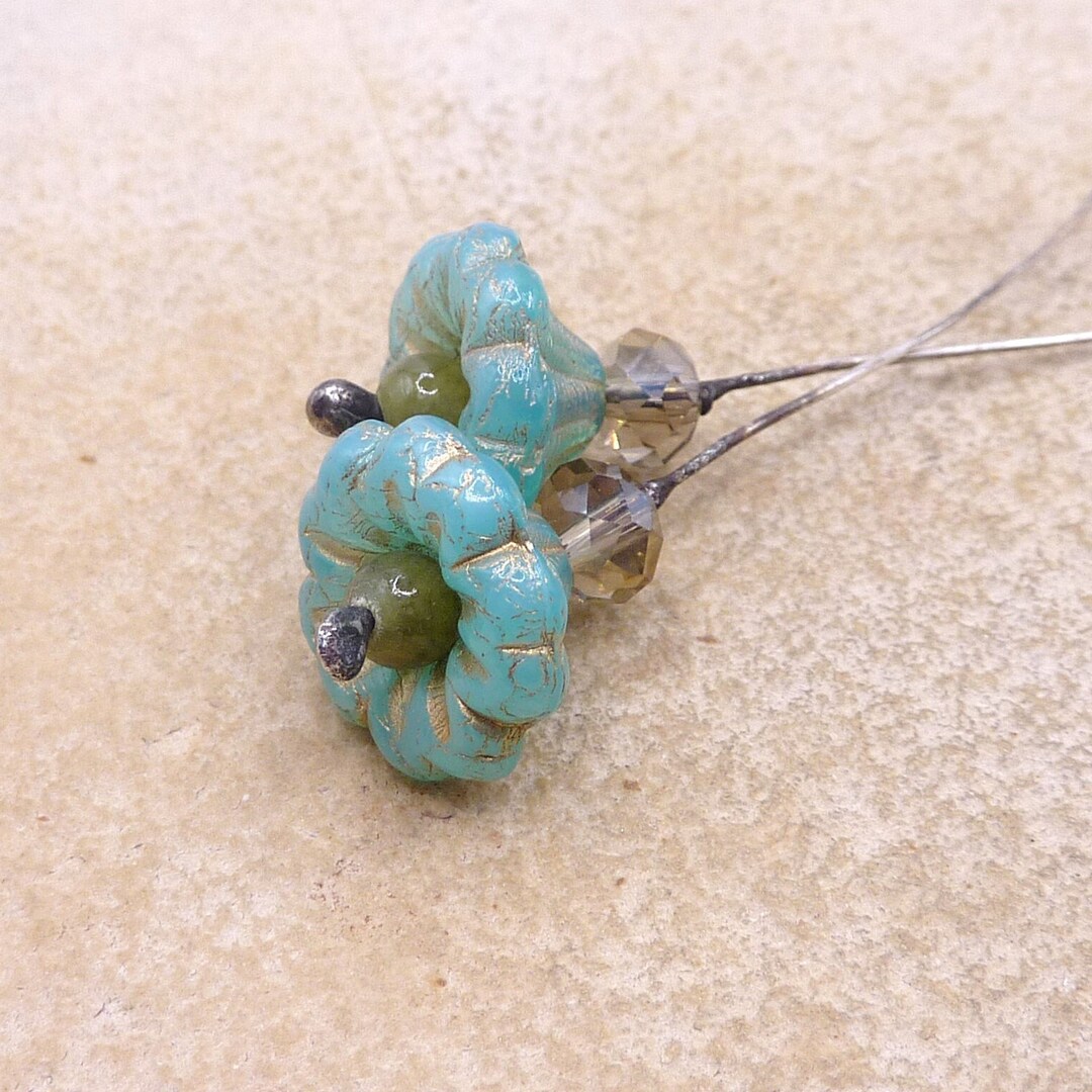 Pair of Soldered Czech Bell Flower Glass Head Pins With Jade Beads ...