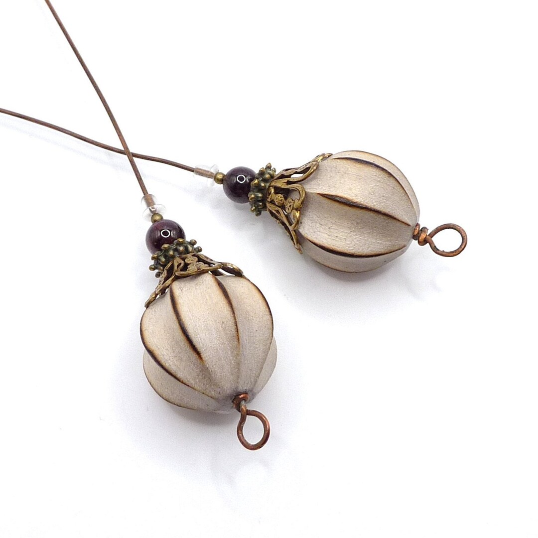 Big Wooden Bead and Copper Wire Head Pins With Red Garnet Beads and ...