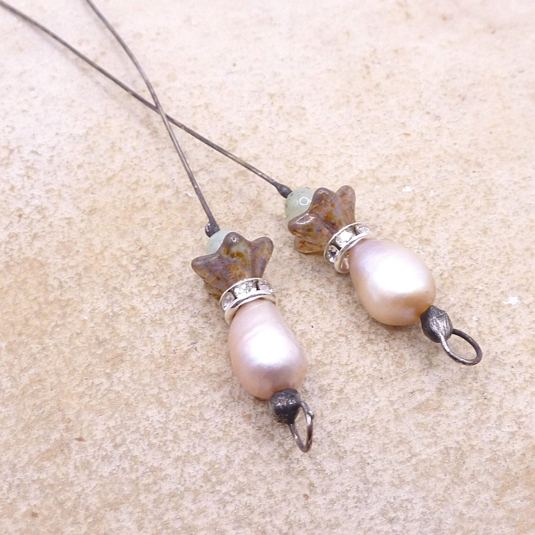 2 Pearl Head Pins With Czech Glass Flowers and Jade Beads Soldered Eye ...
