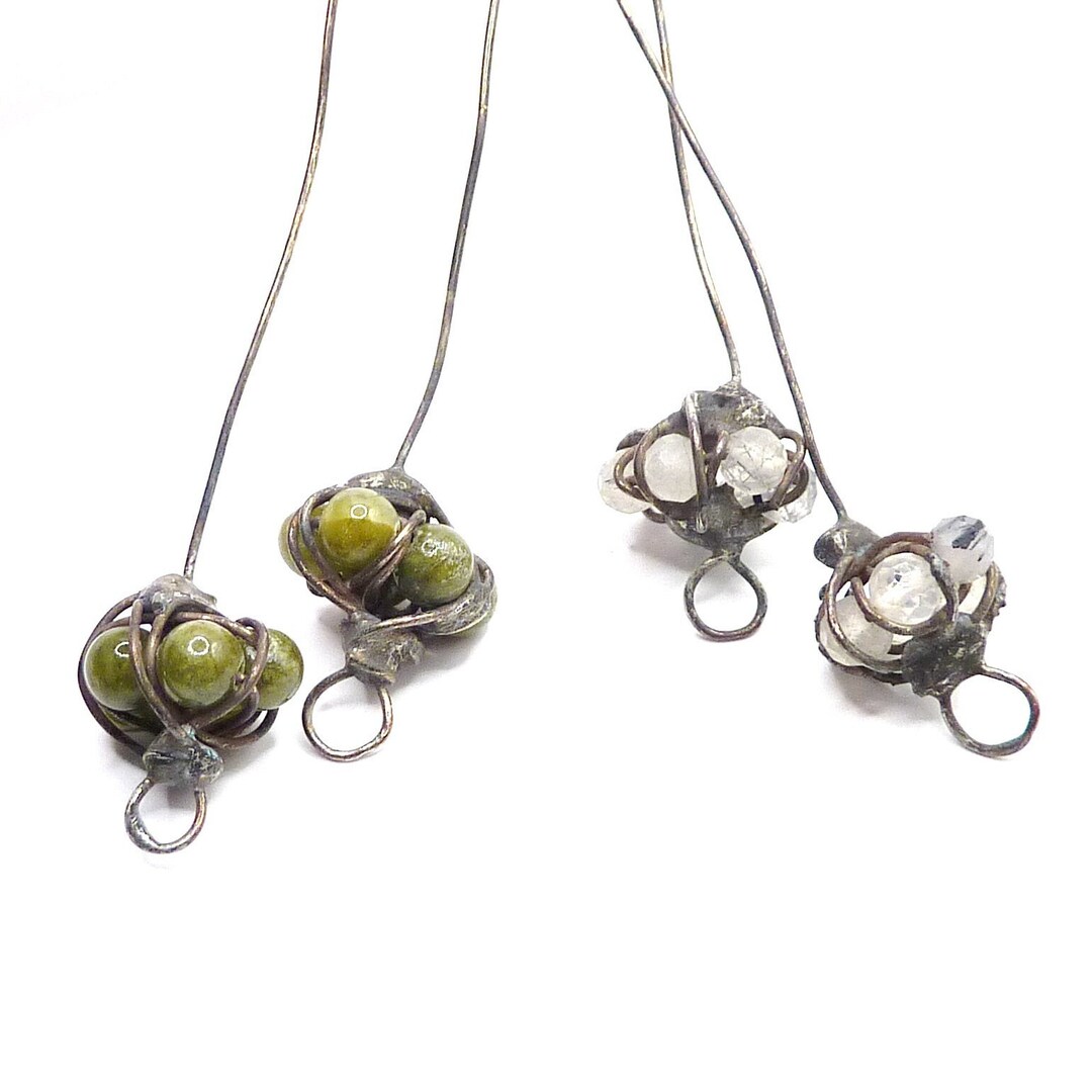 4 Soft Soldered Head Pins With Jade and Rutilated Quartz Stylized Pods ...