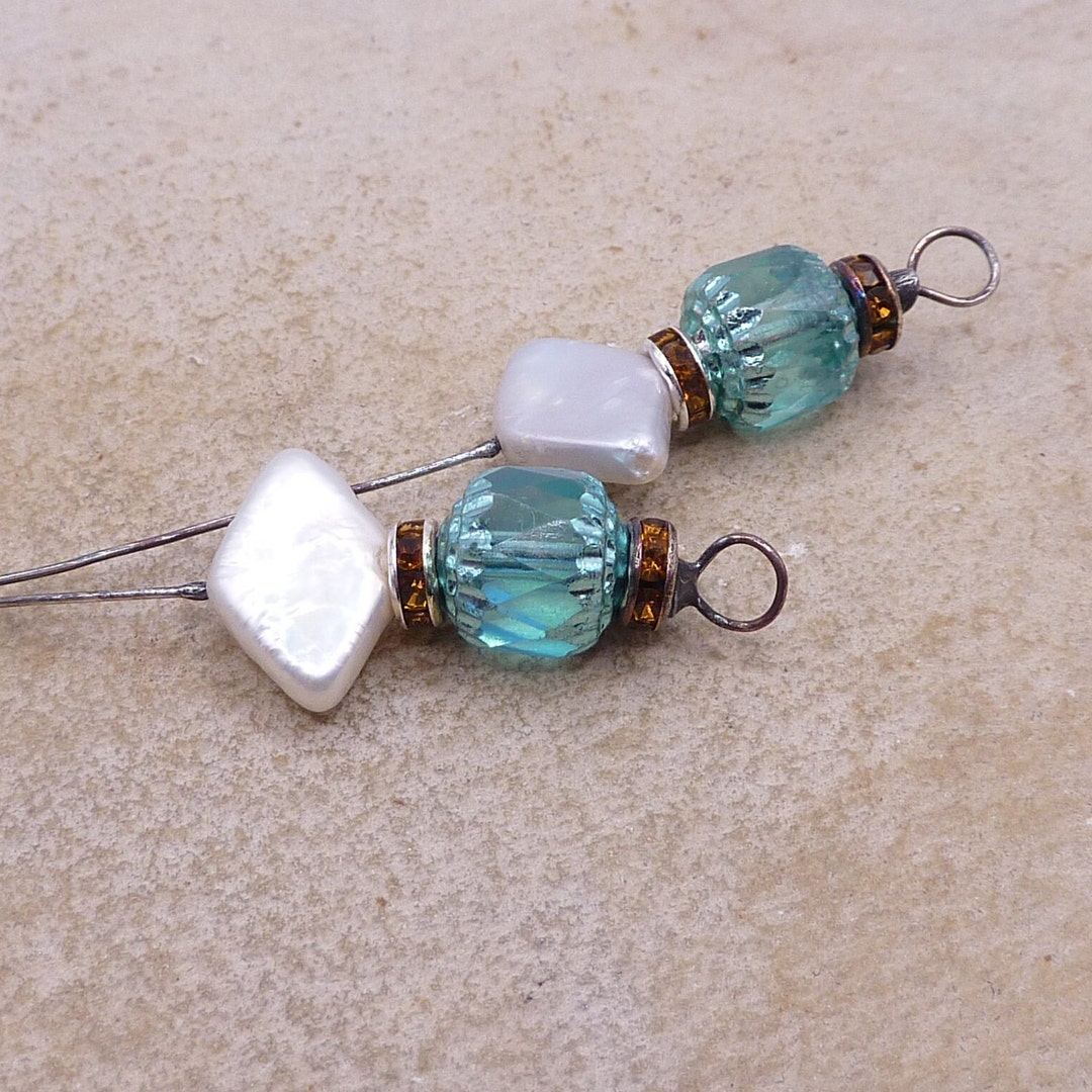 2 Artisan Soldered Czech Glass Head Eye Pins With Rhinestones and ...