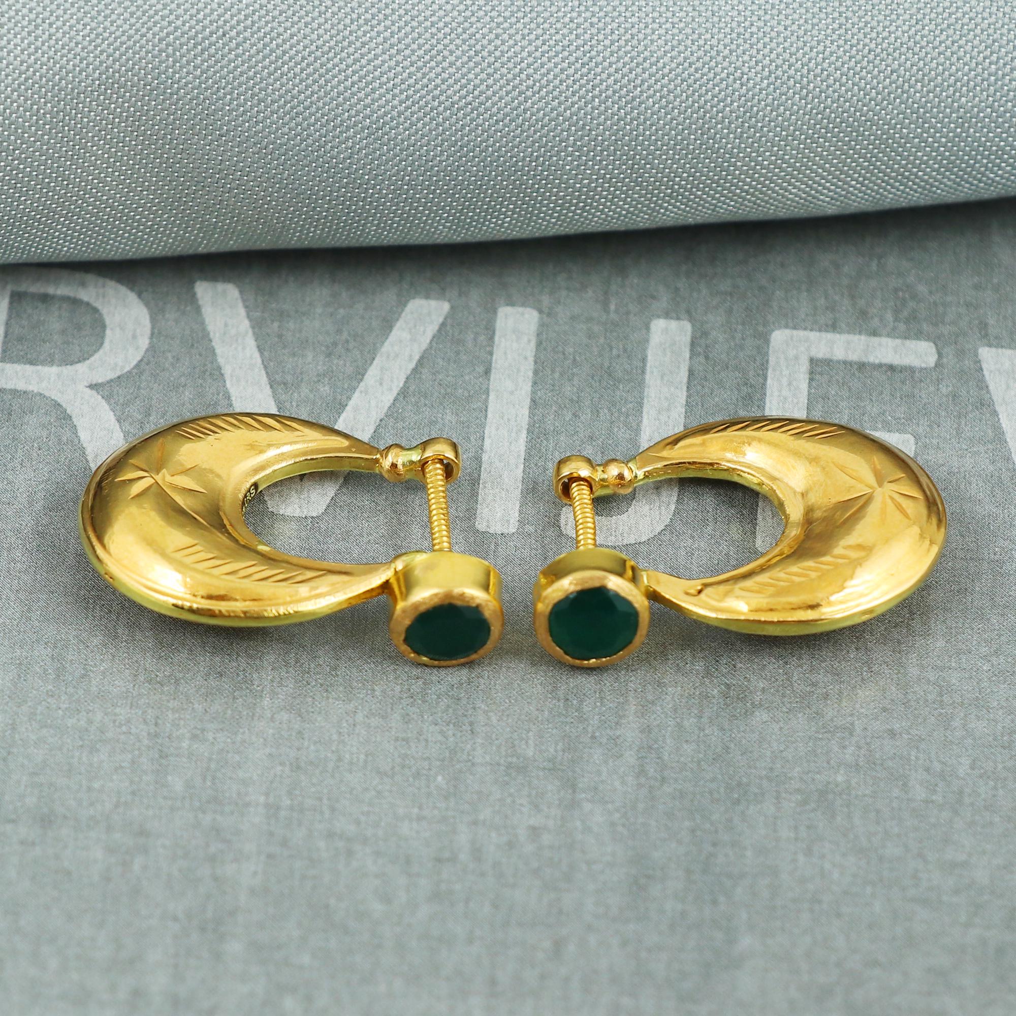 22k Gold Hoop Bali Earrings With Carved Design and Green Stone | Ethnic ...
