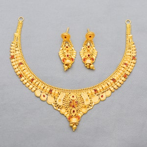 22k Yellow Gold Necklace Set, Indian Gold Set, Indian Gold Jewelry ...