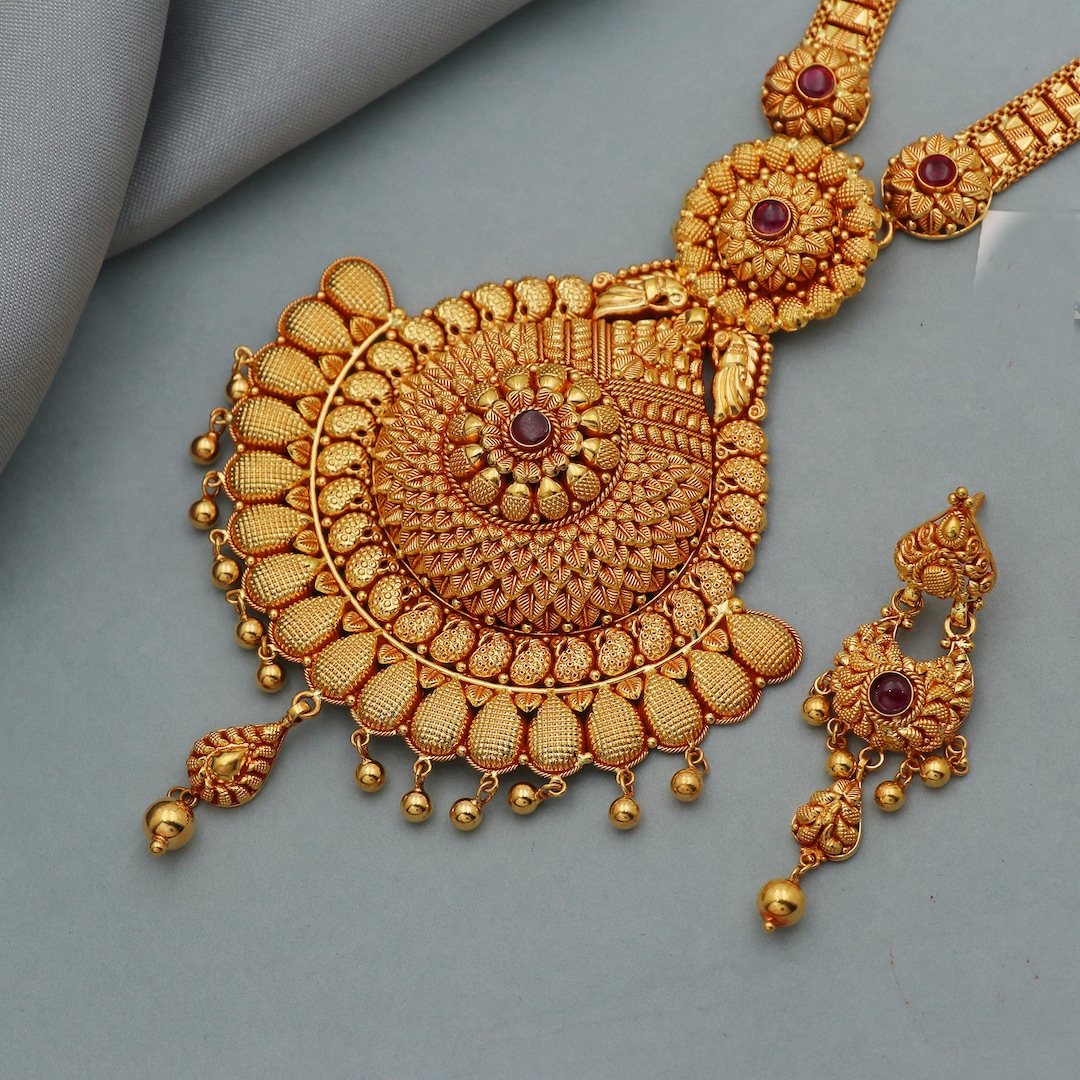 22k Yellow Gold Long Necklace Set, Indian Pure Gold Set, Indian Gold ...