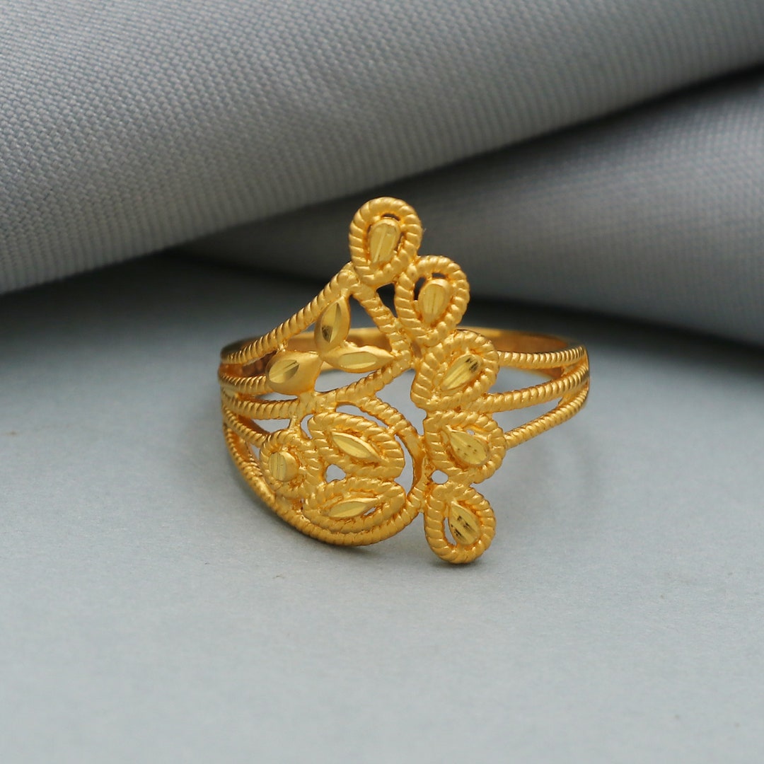 22k Yellow Gold Floral Rope Style Ring Size All, Big Real Gold Ring ...