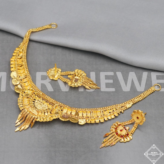 morvijewels 22K Yellow Gold Necklace Earrings Set Indian Gold Wedding Jewelry Set Handmade Gold Set Necklace Earrings Pair K5008