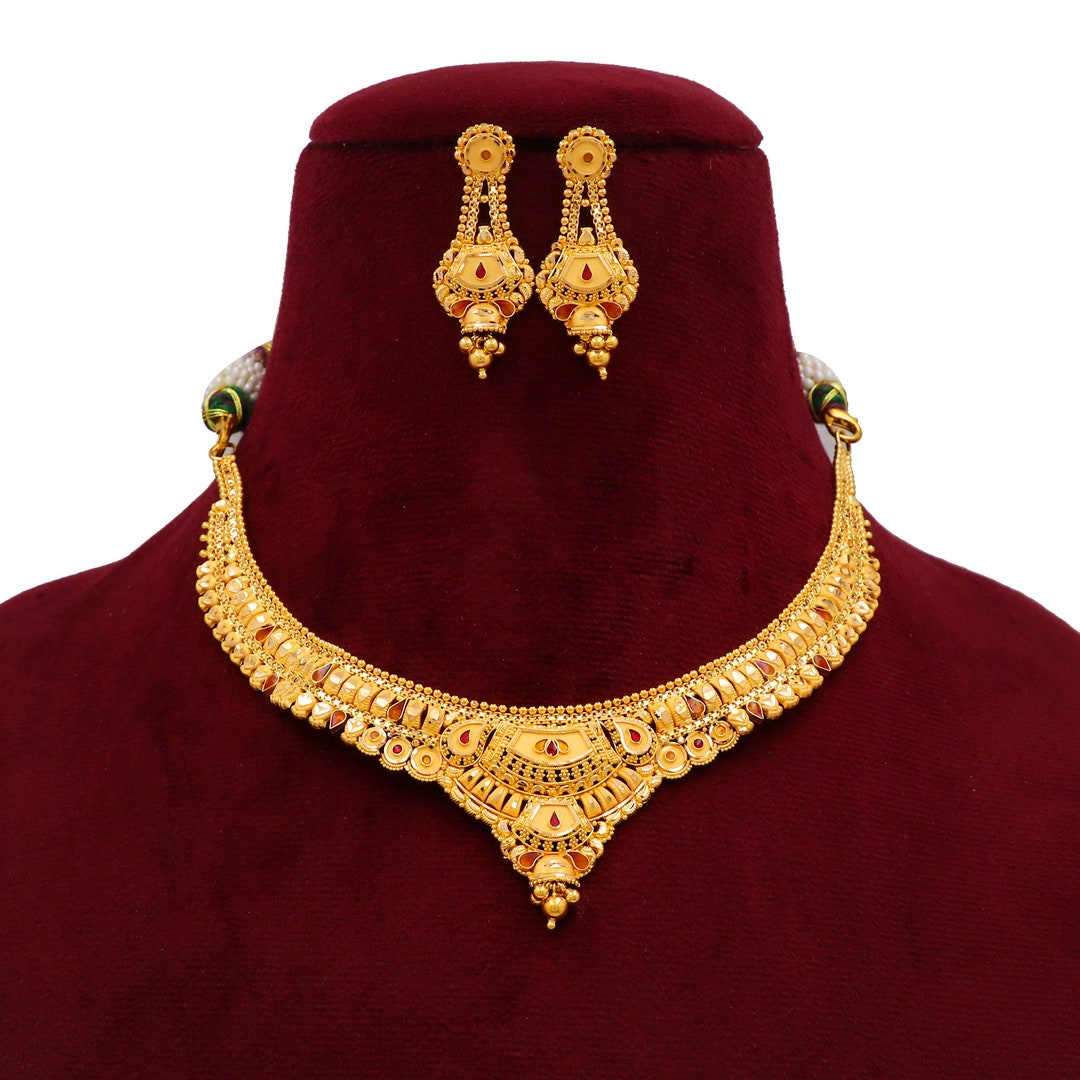 22k Yellow Gold Necklace Set, Indian Gold Set, Indian Gold Jewelry ...