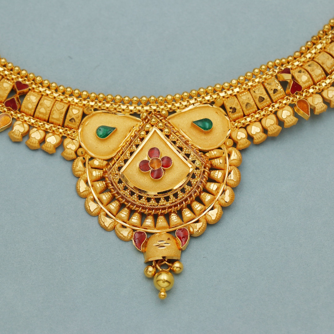 22k Yellow Gold Necklace Earrings Set , Indian Gold Jewelry Set ...