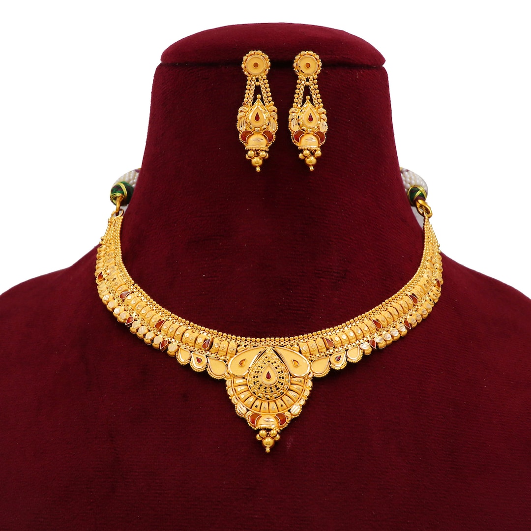 22k Yellow Gold Necklace Set, Indian Gold Set, Indian Gold Jewelry ...