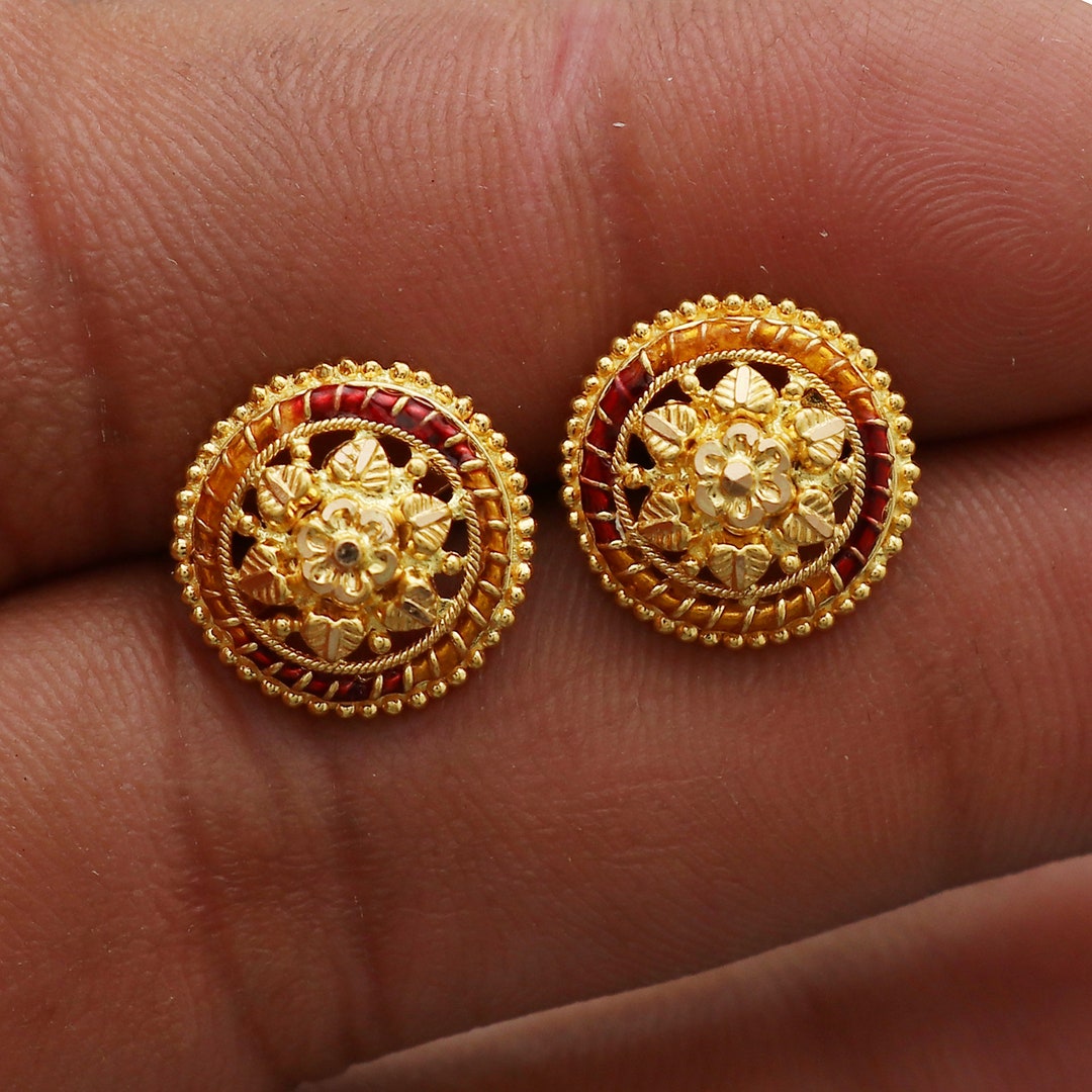 22k Yellow Gold Stud Earrings , Handmade Yellow Gold Earrings for Women ...