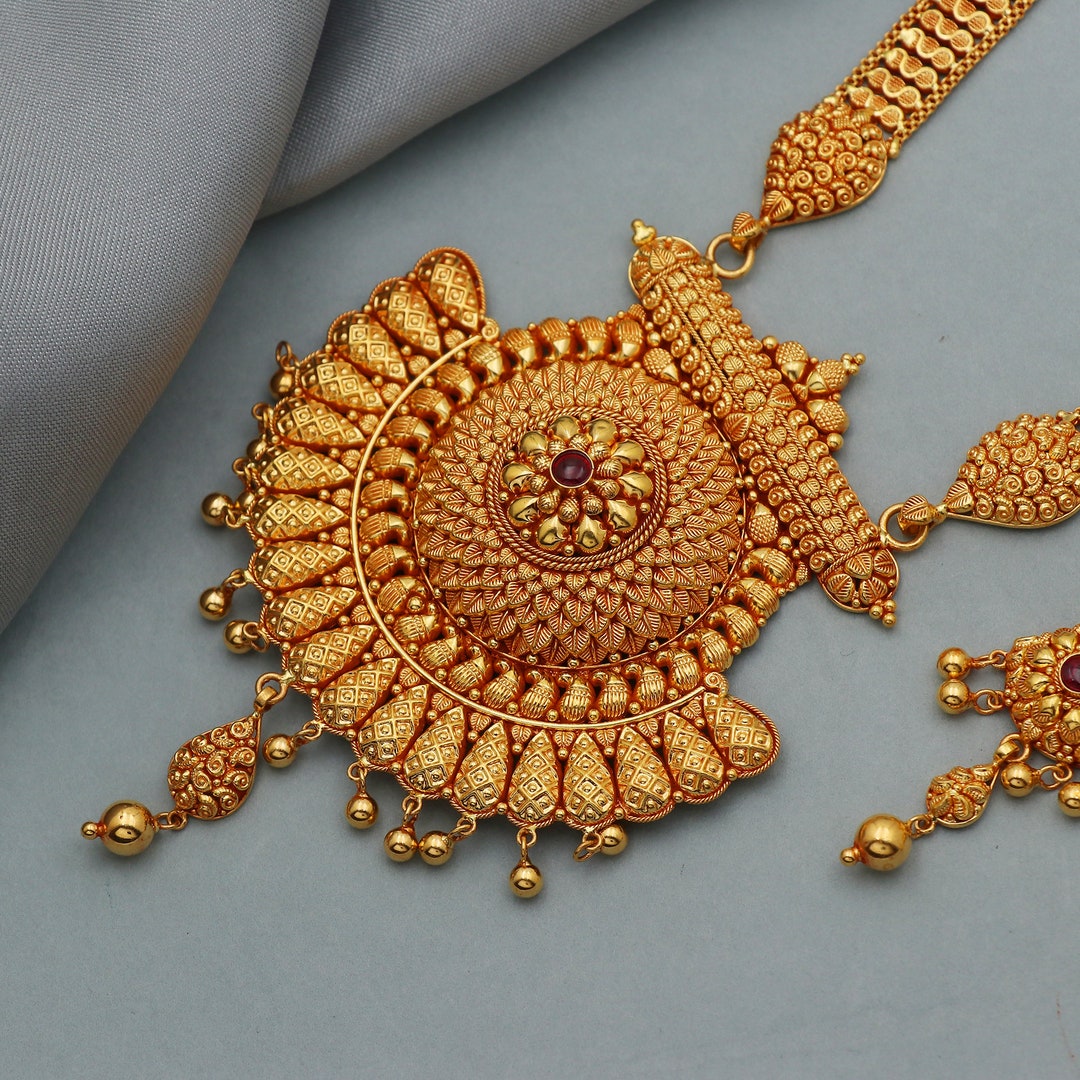 22k Yellow Gold Necklace Set, Indian Gold Set, Indian Gold Jewelry ...