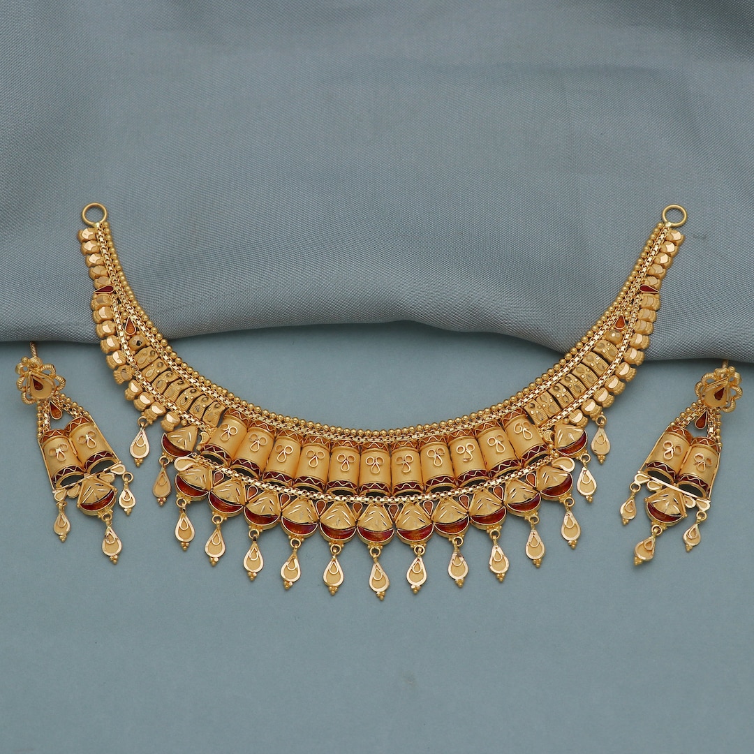 22k Yellow Gold Earrings Necklace Set Gift ,22k Karat 22kt 22ct Indian Gold Handmade Wedding ...